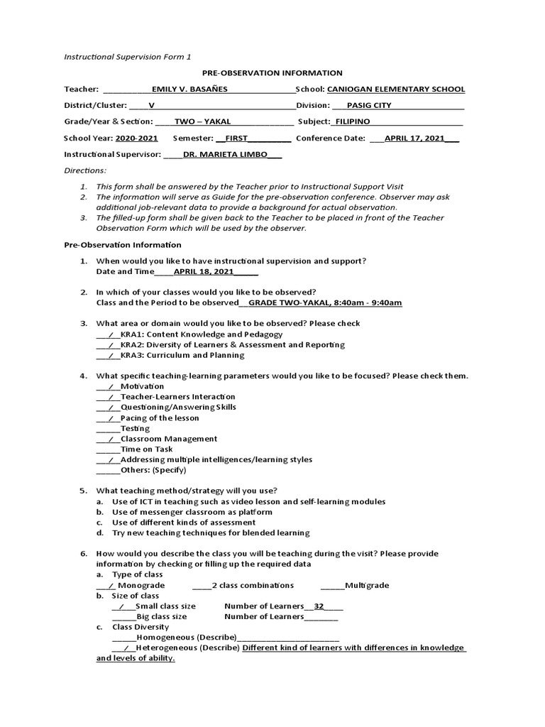 Emily Basañes Pre Post Observation COT 1 | PDF | Teachers | Learning