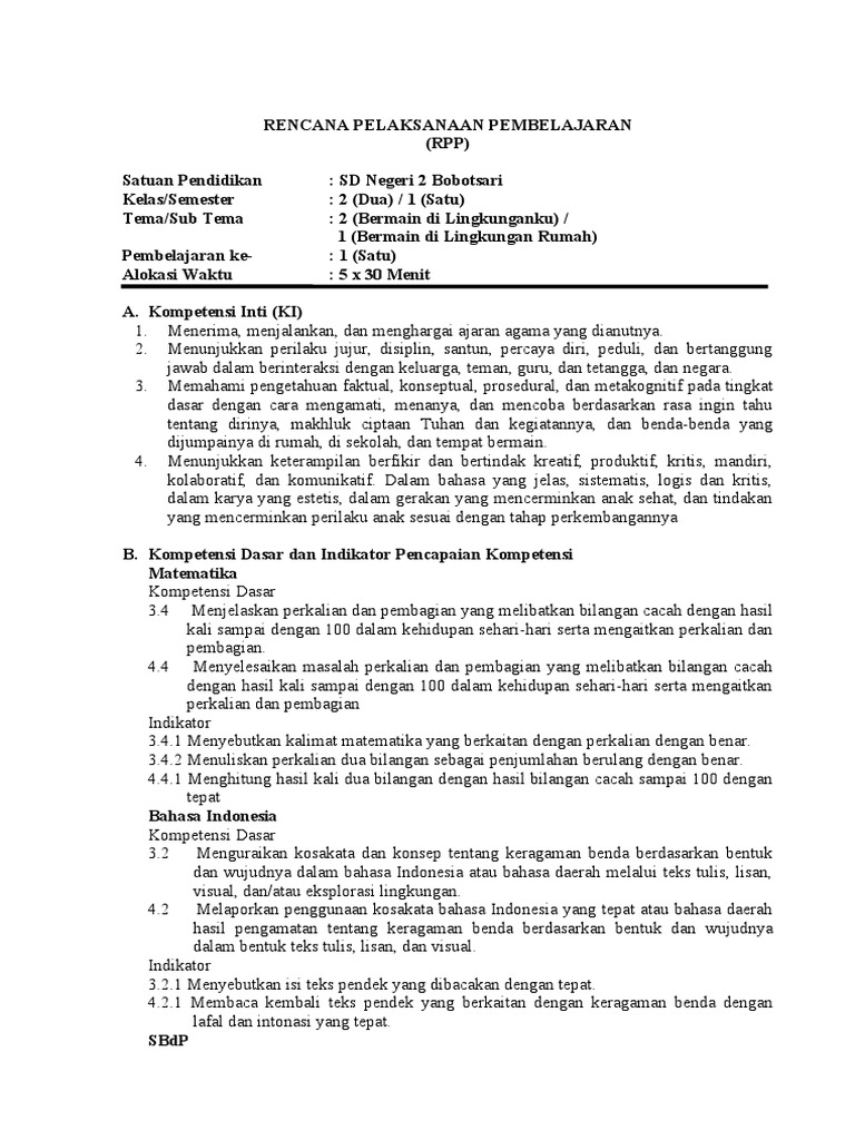 RPP Kelas II Tema 2 Sub Tema 1 Pembelajaran 1 | PDF