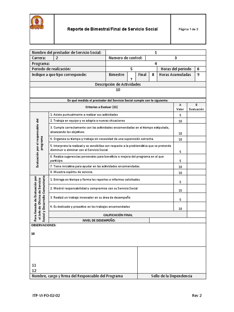 3 Itp Vi Po 02 02 Reporte Bimestral Y Final Servicio Social Pdf