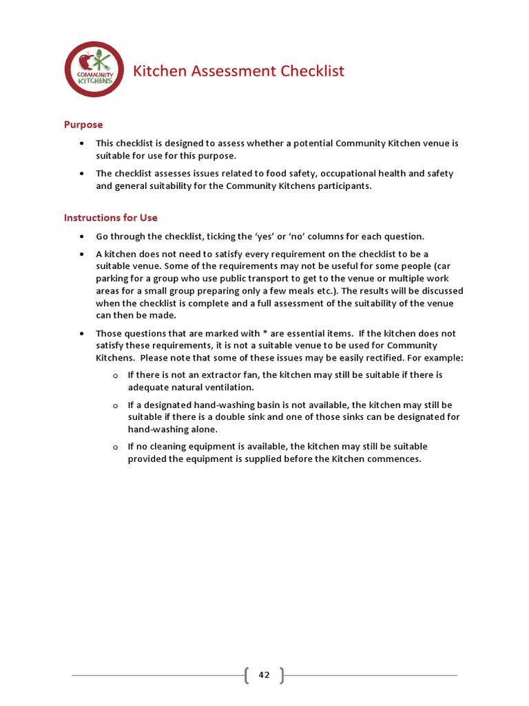 Kitchen Assessment Checklist | PDF | Kitchen | Foods