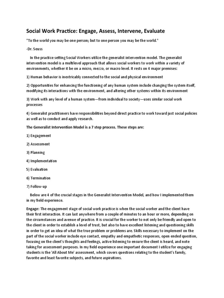 Social Work Practice Engage, Assess, Intervene | PDF | Goal | Social Work