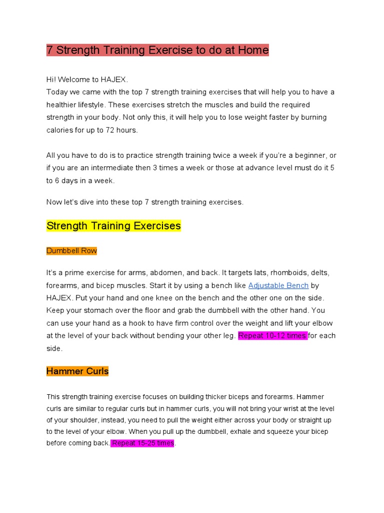 Strength Training Exercise To Do at Home | PDF | Strength Training | Arm