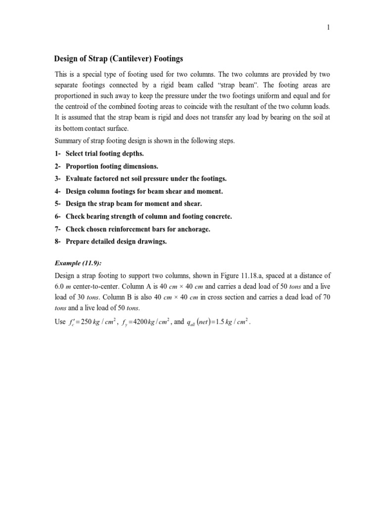 Design of Strap (Cantilever) Footings: Example (11.9) | PDF | Beam ...