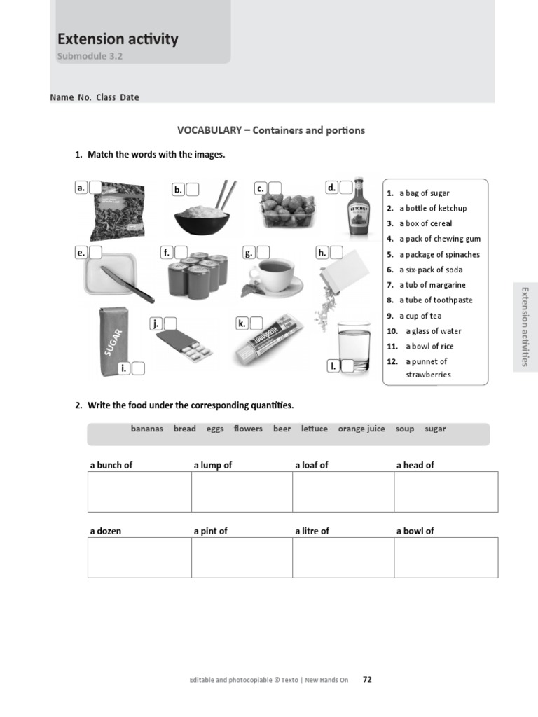 Extension Activity: VOCABULARY - Containers and Portions | PDF | Food ...