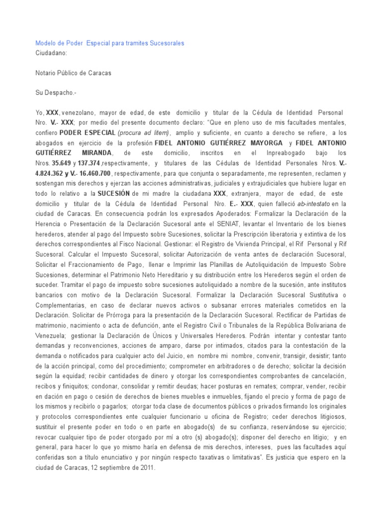 Modelo de Poder Especial para Tramites Sucesorales | PDF | Justicia ...