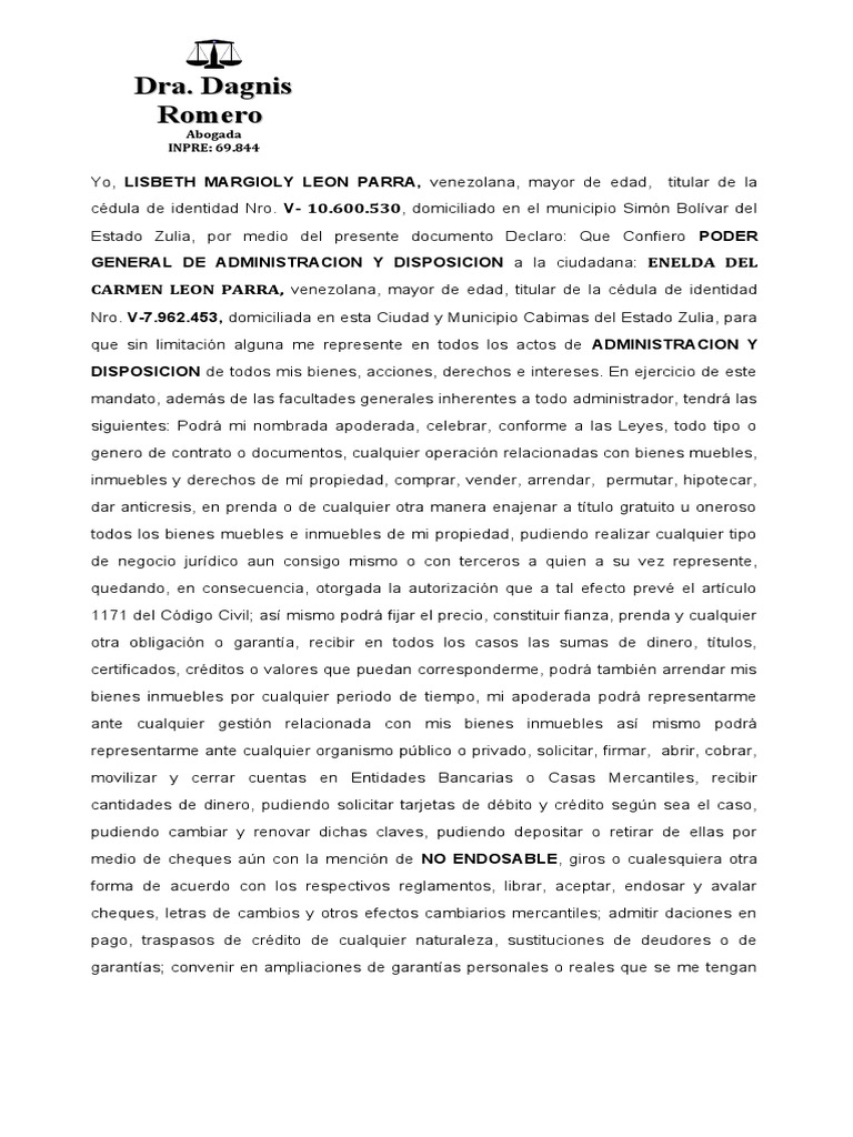 Poder - de - Administracion - y - Disposicion) Lisbeth - Enelda. | PDF | Propiedad | Cheque