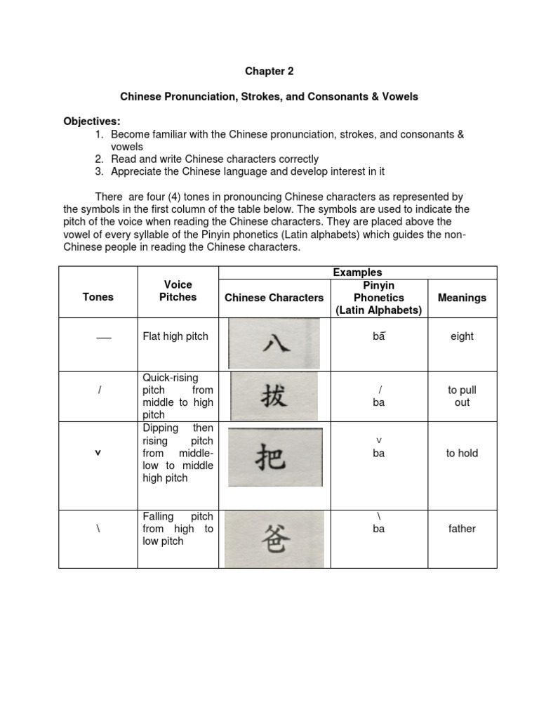 Chinese Pronunciation, Strokes, and Consonants & Vowels Objectives ...