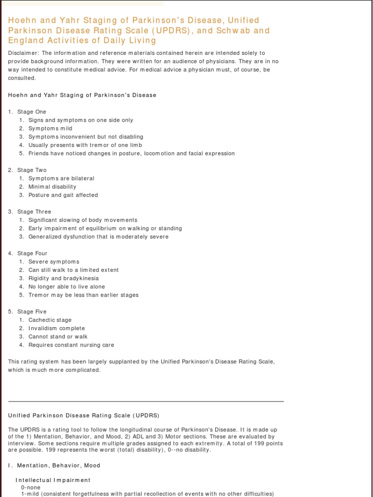 Unified Parkinson Disease Rating Scale - UPDRS | PDF | Parkinson's ...