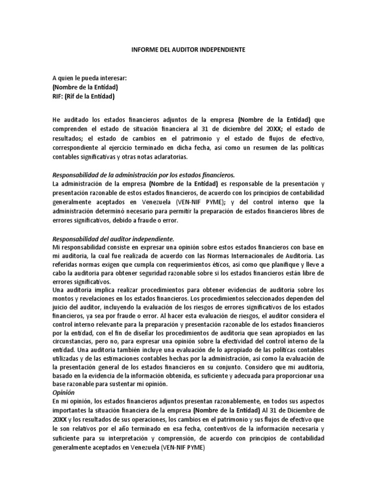 Informe de Auditor Independiente | PDF | Auditoría | Contralor