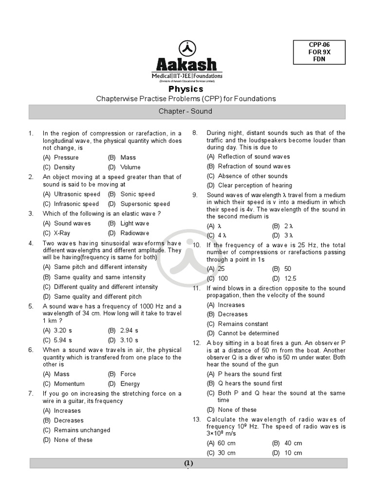 Physics: Chapter - Sound Chapterwise Practise Problems (CPP) For Foundations | PDF | Sound | Waves