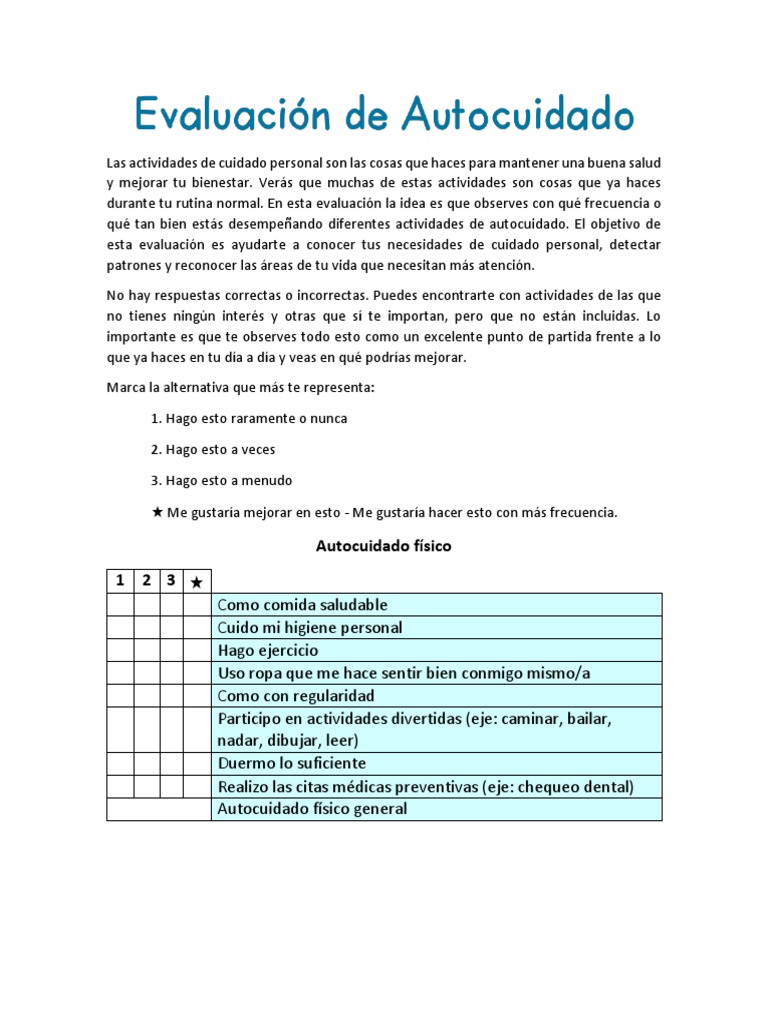 Evaluacion de Autocuidado | PDF | Cognición | Conceptos psicologicos Evaluacion de Autocuidado | PDF | Cognición | Conceptos psicologicos