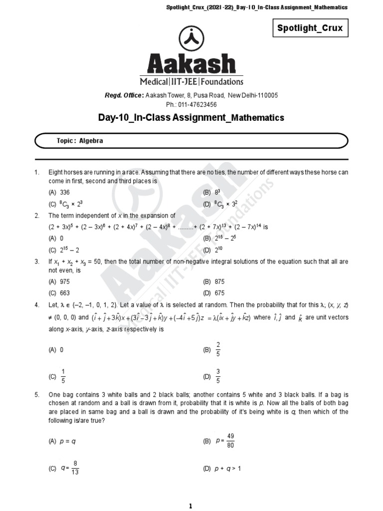 Spotlight Crux 2021 22 Day 10 in Class Assingement Mathematics Only | Download Free PDF ...