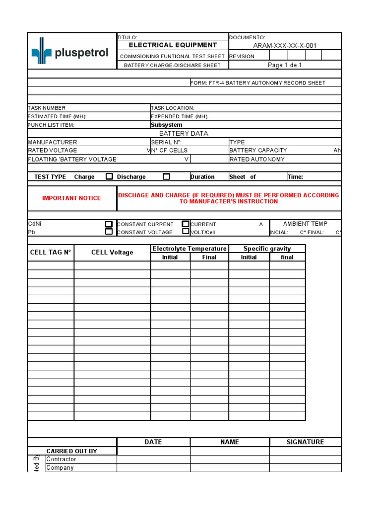 Commisioning Funcional Test Sheet - Battery Charge-Discharge Sheet | PDF