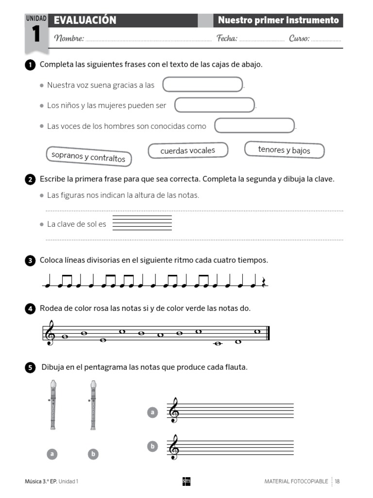 Evaluación Música 3.º Primaria | PDF | Clave | Instrumentos musicales