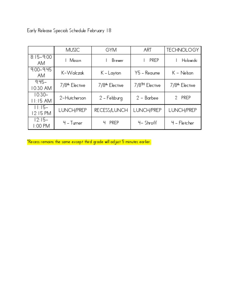 February 18 Early Release Schedule | PDF