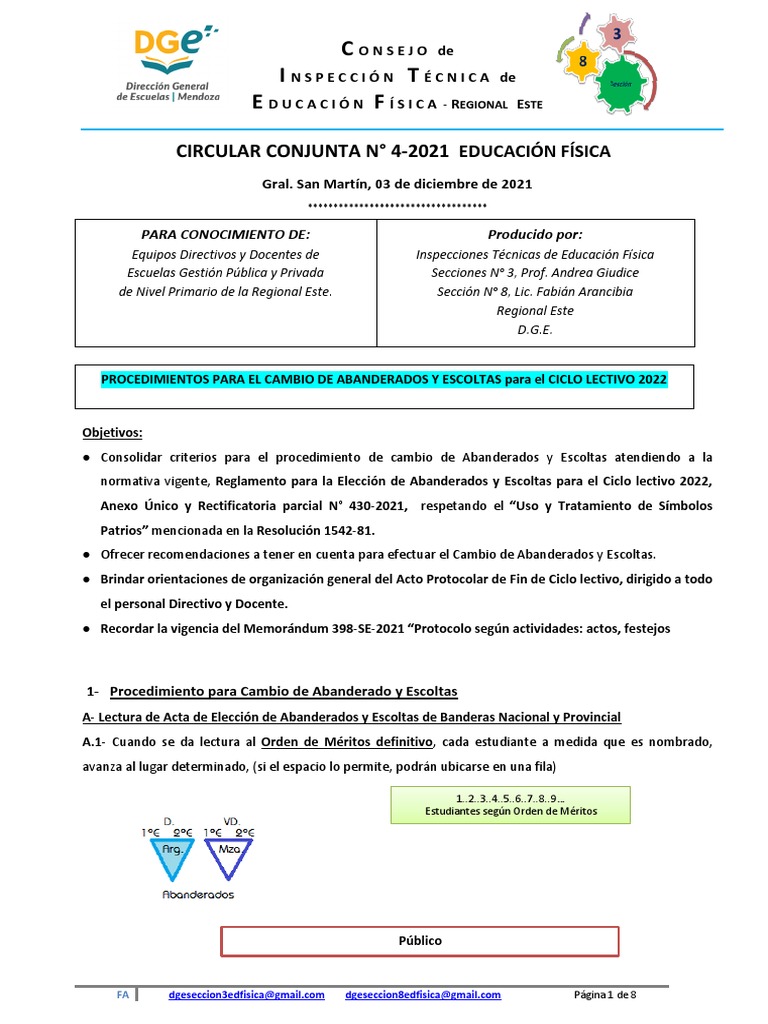 CIRCULAR CONJUNTA #4 - EDUCACIÓN FÍSICA - CAMBIO DE ABANDERADOS para CICLO 2022 | PDF