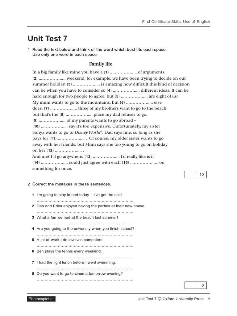 Unit Test 7: Family Life | PDF