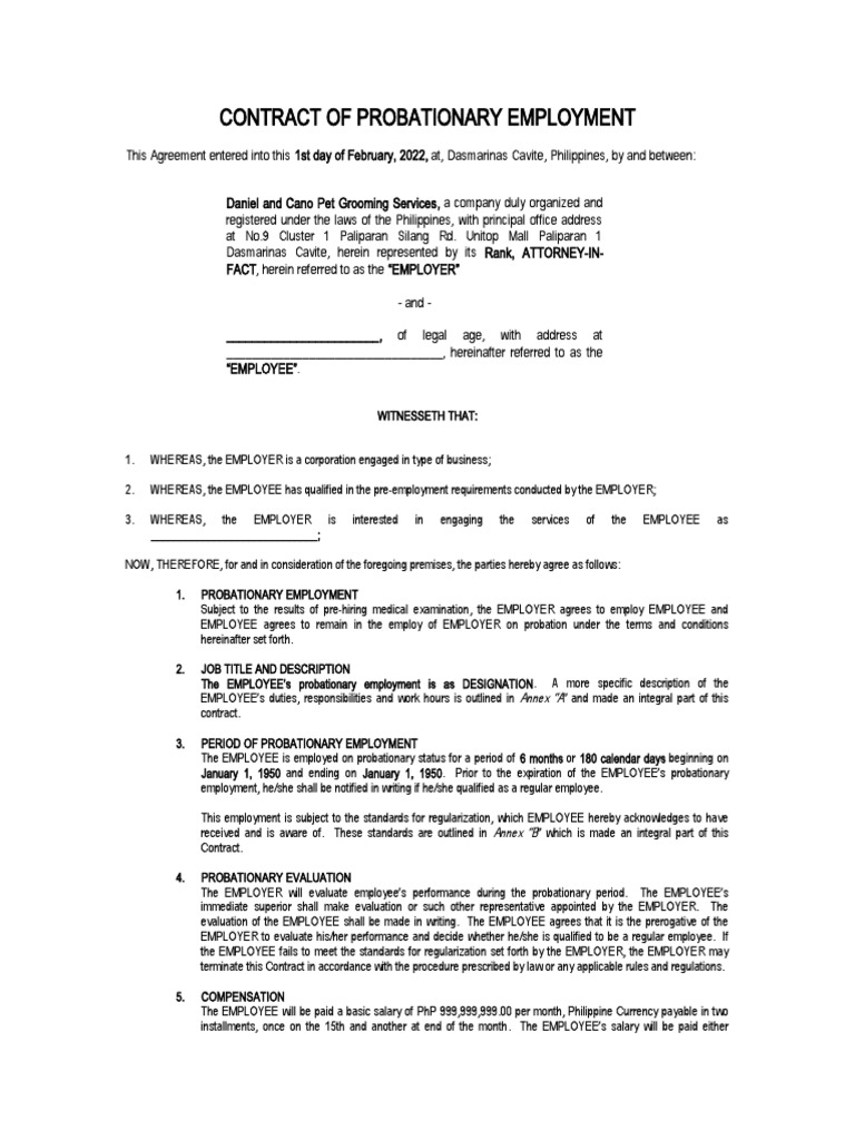 Probationary Employment Contract | PDF | Employment | Overtime