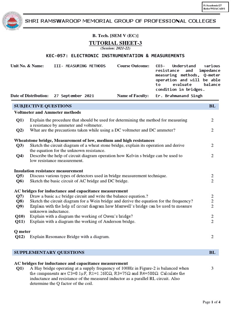 Tutorial Sheet-3: Kec-057: Electronic Instrumentation & Measurements | PDF | Inductor | Inductance