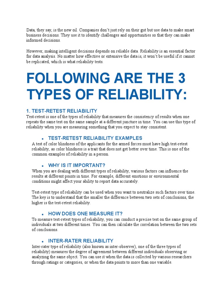 Following Are The 3 Types of Reliability | PDF | Psychology | Cognitive ...
