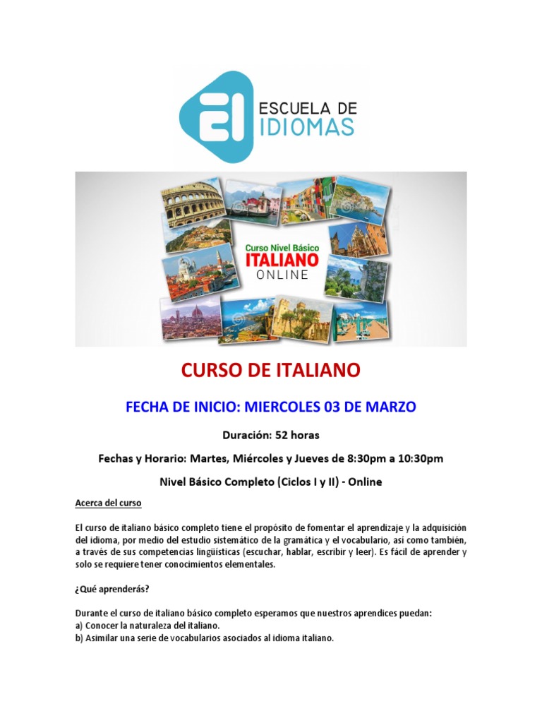 Curso de Italiano Nivel Básico Completo | PDF | Italia | Perú