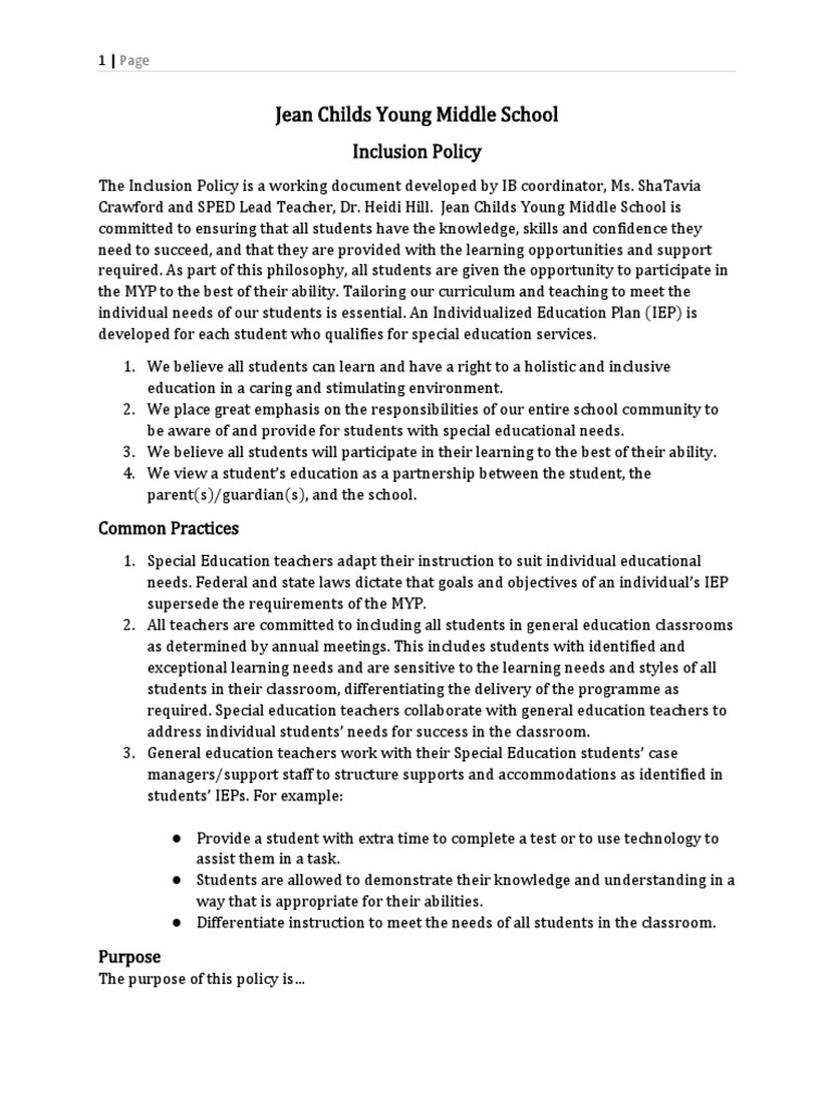 JCYMS IB MYP Inclusion Policy | Download Free PDF | Special Education ...