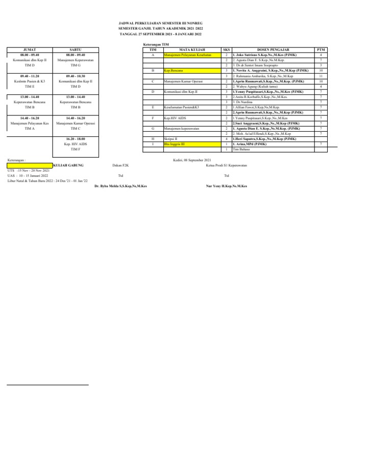 Jadwal Kuliah NonReguler SMT III | PDF
