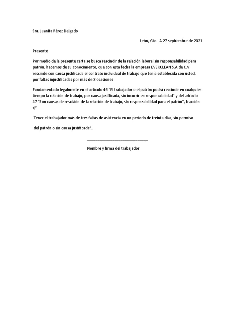 Carta de Rescisión Laboral Sin Responsabilidad para El Trabajador ...