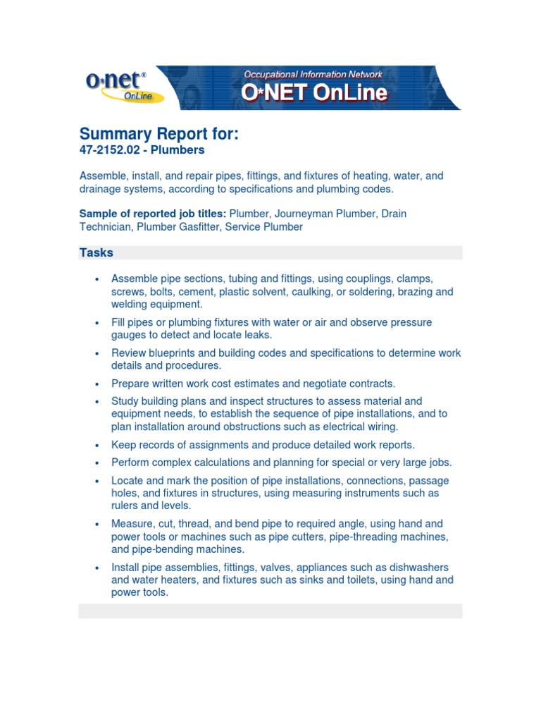 Plumber ONET Summary Report For | PDF | Plumbing | Apprenticeship