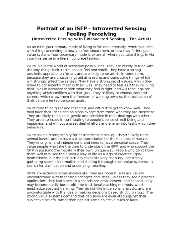 Portrait of An ISFP | PDF | Extraversion And Introversion | Personality ...