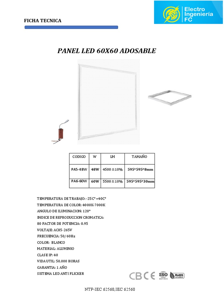 Ficha Tecnica Panel Led 60X60 Adosar | PDF