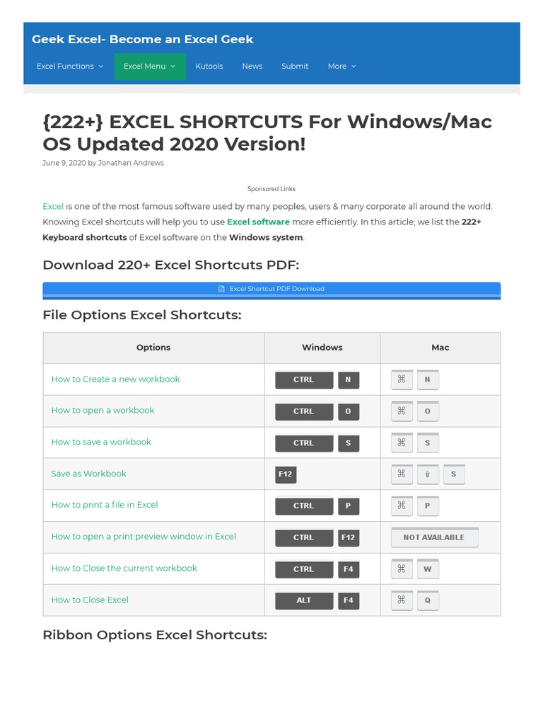 (222+) EXCEL SHORTCUTS For Windows/Mac OS Updated 2020 Version! | PDF ...