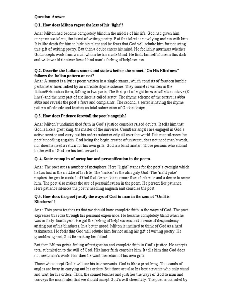 Qs & As On His Blindness | PDF | Sonnets | Poetry