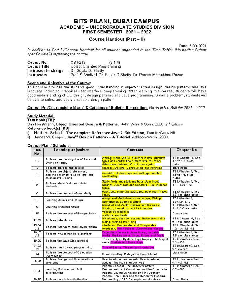 CS F213 Object Oriented Programming I Sem 2021-22 HO | PDF | Method (Computer Programming ...