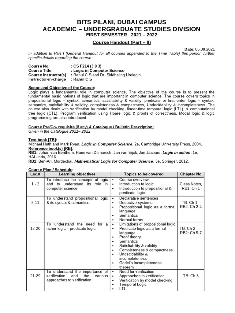 CS F214 Logic in Computer Science 1st Sem 2021-22 | PDF | Formal ...
