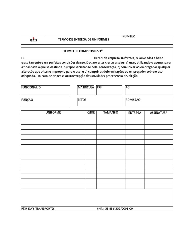 Termo De Entrega De Uniformes Pdf
