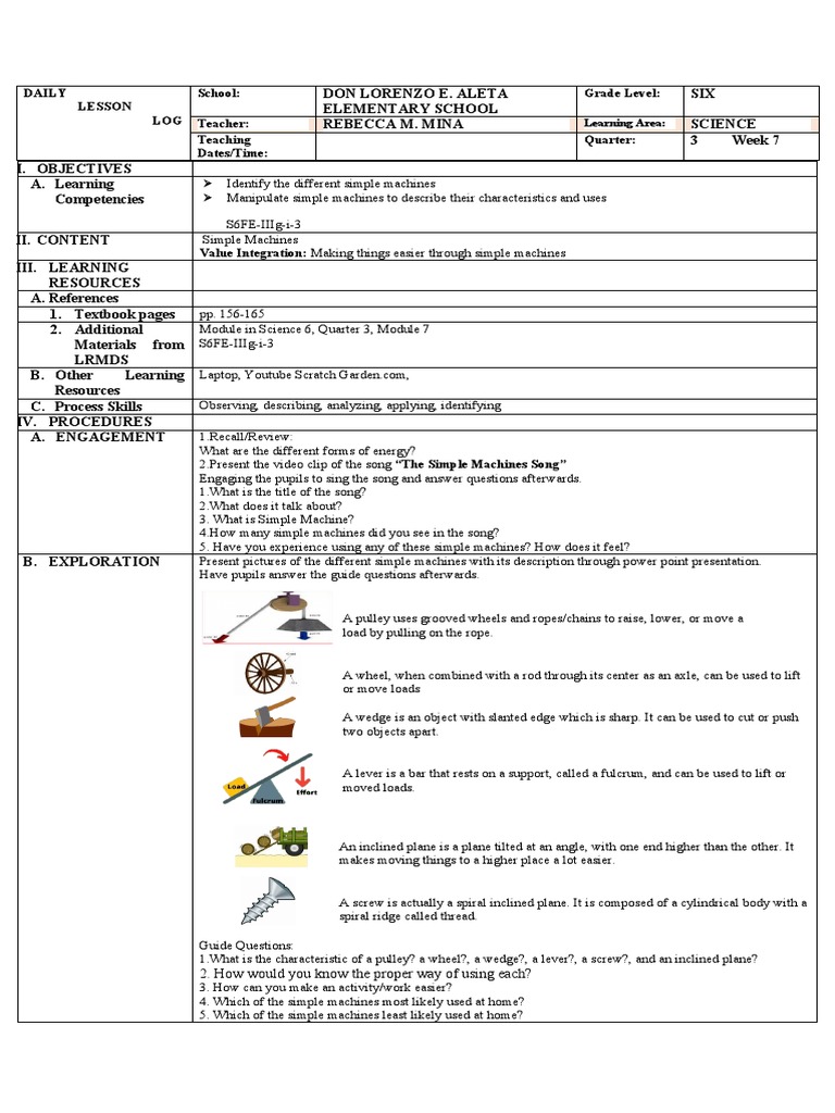 Grade 6 Simple Machines Lesson Plan | PDF | Machines | Screw