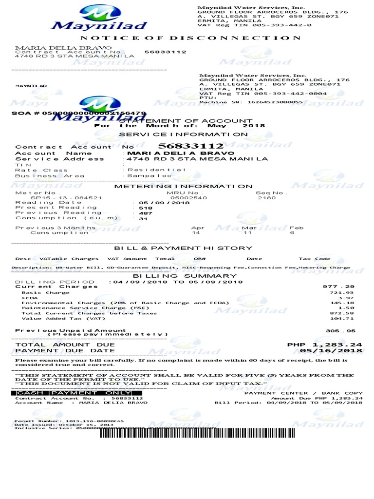 Maynilad Water Bill Summary | PDF | Government Finances | Services ...