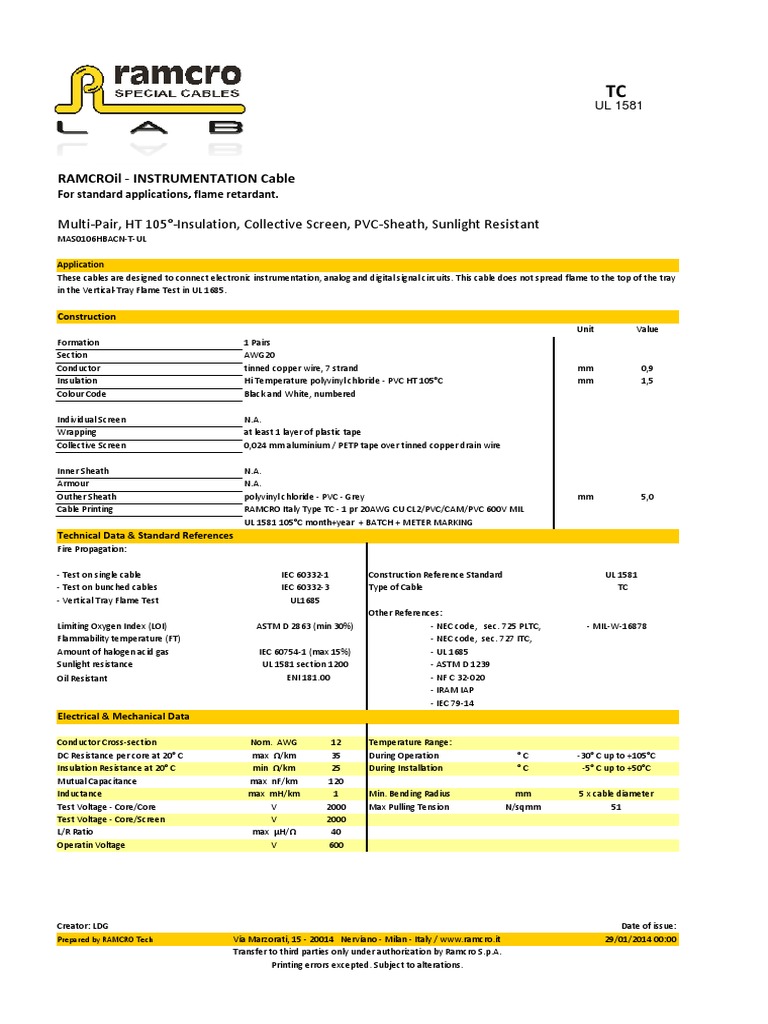 Ramcroil - Instrumentation Cable: Multi-Pair, HT 105°-Insulation ...
