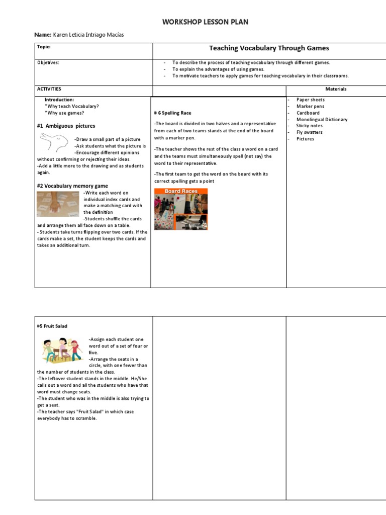 Teaching Vocabulary Through Games: Workshop Lesson Plan | Download Free ...