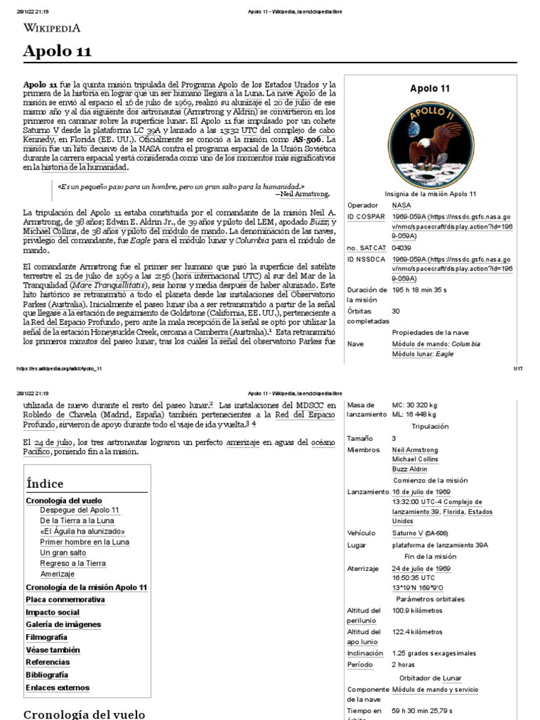 Apolo 11 - Wikipedia, La Enciclopedia Libre | PDF | Apolo 11 | Programa Apolo
