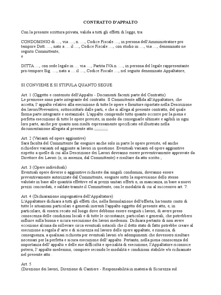 Fac Simile Contratto Di Appalto Lavori Edili Condominio | PDF