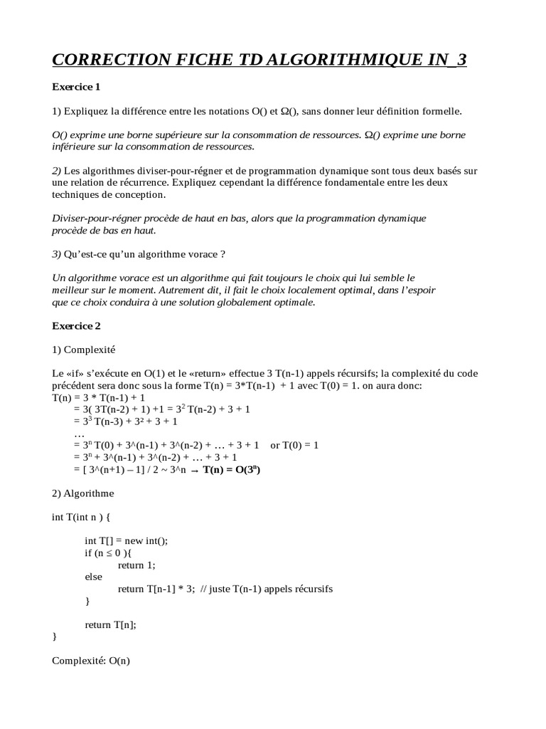 Correction - TD - Algo - IN3 2020 | PDF | Programmation dynamique | Informatique théorique