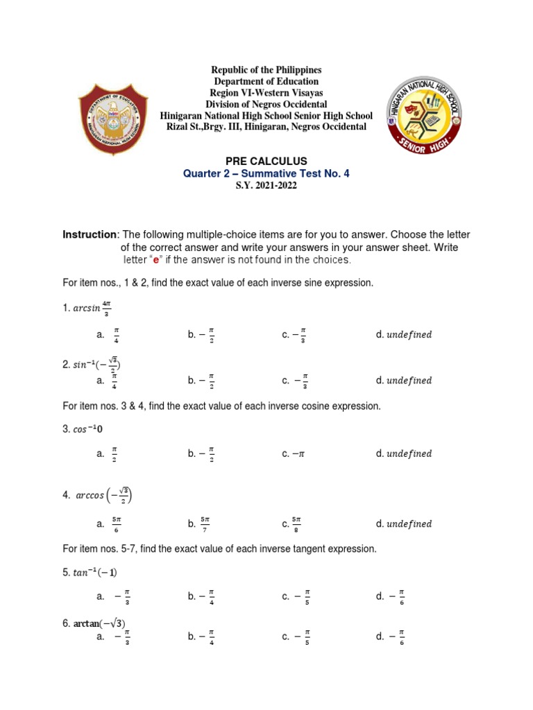 Pre Calculus Summative Test No. 4 Q2 | PDF | Trigonometric Functions ...