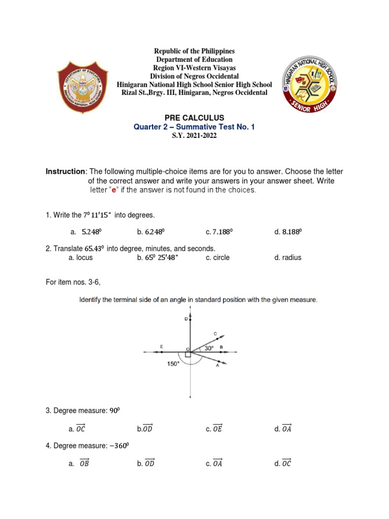 1st Summative Test in Pre-Calculus | PDF | Triangle Geometry | Units Of ...