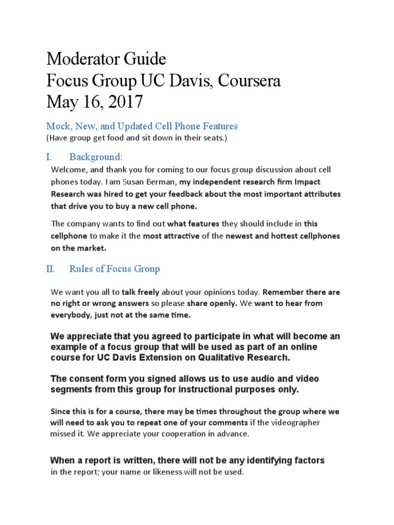 Moderator Guide Focus Group UC Davis, Coursera May 16, 2017: Mock, New ...