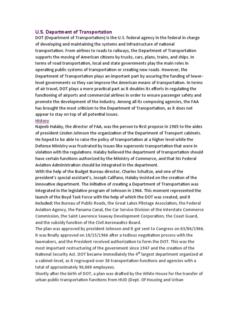 History of the U.S. DOT Formation | PDF | Federal Aviation ...