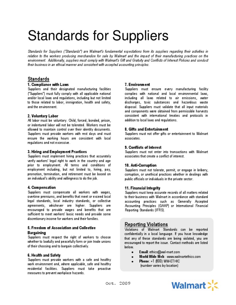 Walmart Standards For Supplier | PDF | Employment | Occupational Safety ...