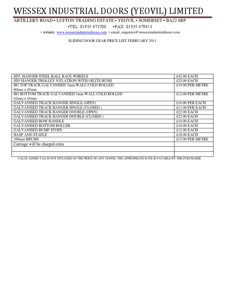 Wessex Industrial Doors Price List | PDF