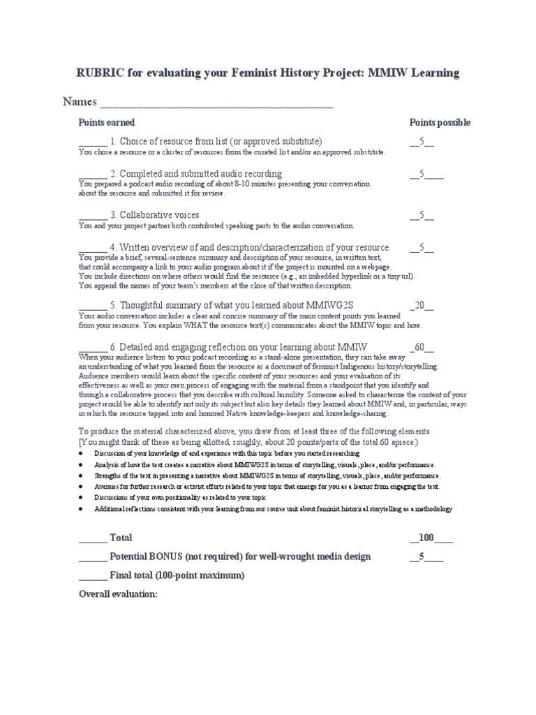 Rubric and Feedback For Mmiw History 3 | PDF | Storytelling | Narrative